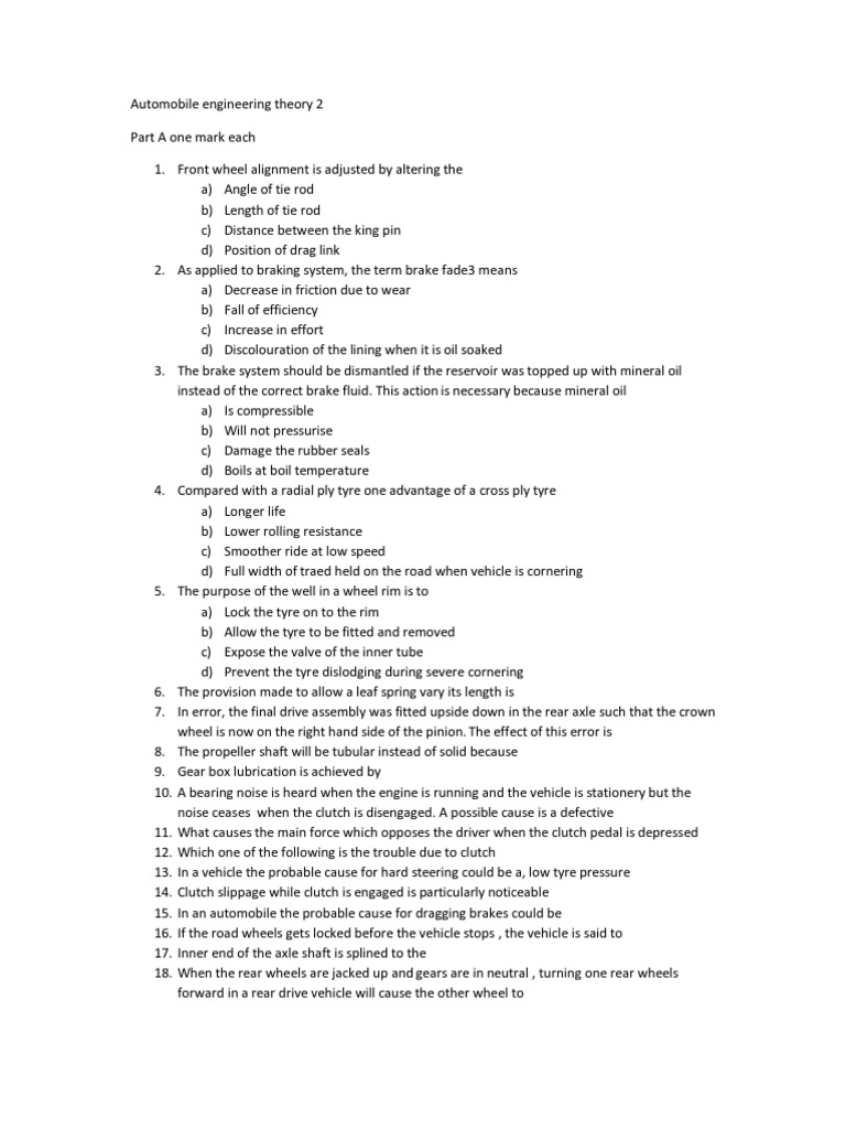 Automobile Engineering Theory Question Paper | PDF