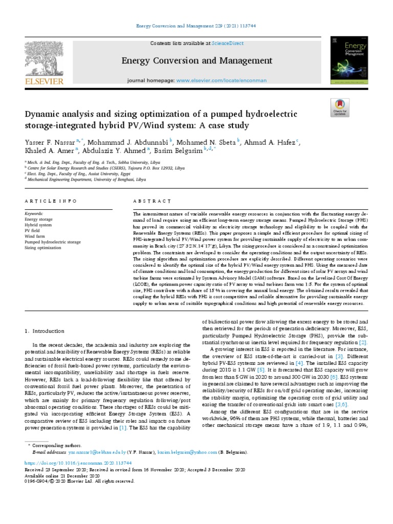 Dynamic Analysis and Sizing Optimization of A Pumped Hydroelectric Storage-Integrated Hybrid PV ...