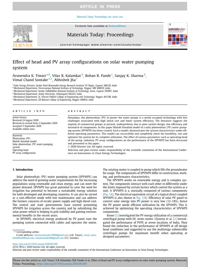 Effect of Head and PV Array Configurations On Solar Water Pumping ...