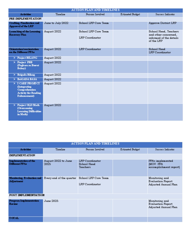 Lrpaction Plan and Timelines | PDF
