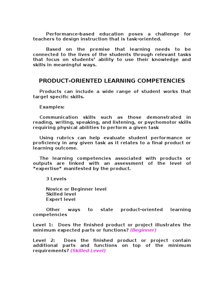 Product-Oriented Learning Competencies: (Beginner) | PDF | Expert ...