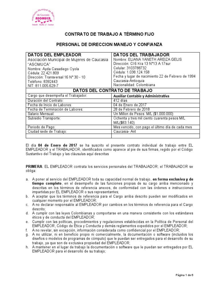 Contrato Laboral Eliana Ok TP | PDF | Derecho laboral | Salario