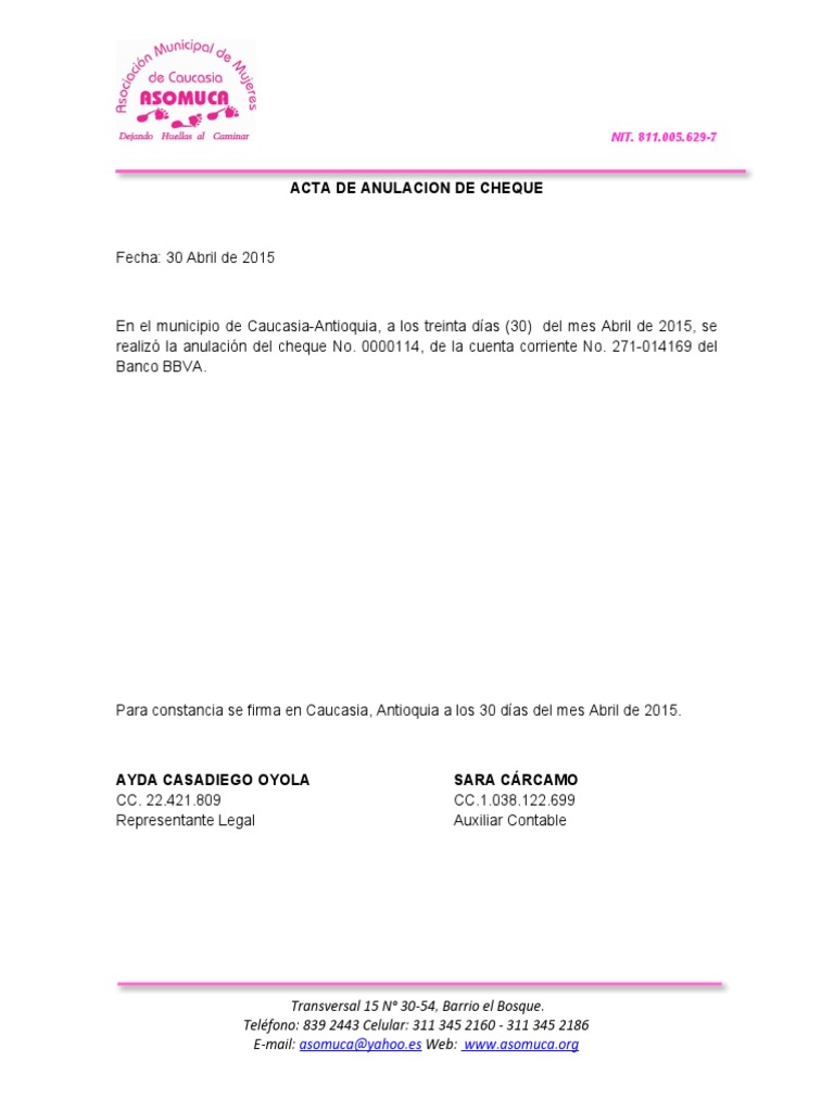 Acta de Anulacion Cheque | PDF | Impuesto sobre la renta | Impuestos
