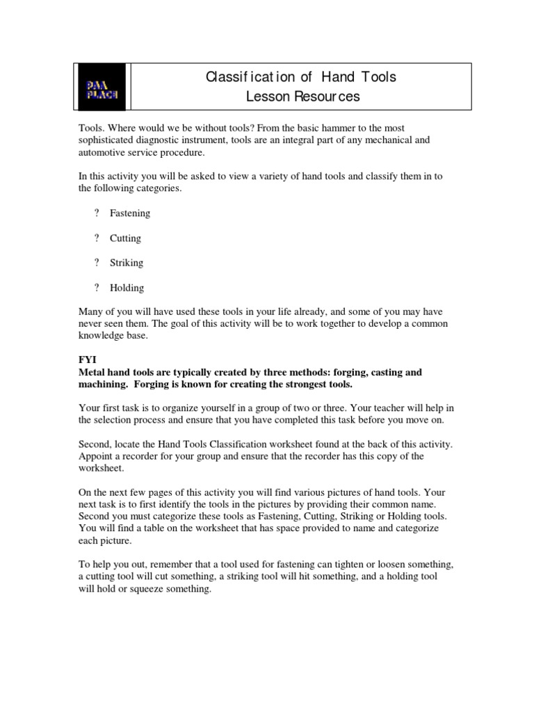 Hand Tools Lesson Resources | PDF | Screw | Tools
