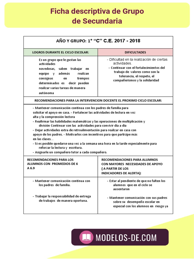 Ficha Descriptiva de Grupo Secundaria en Word | PDF | Aprendizaje | Modificación de comportamiento