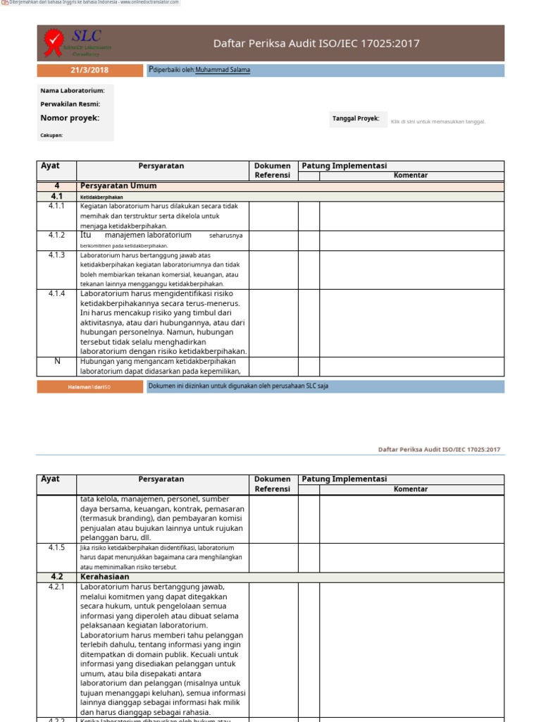 Audit Internal Iso17025-2017checklist | PDF