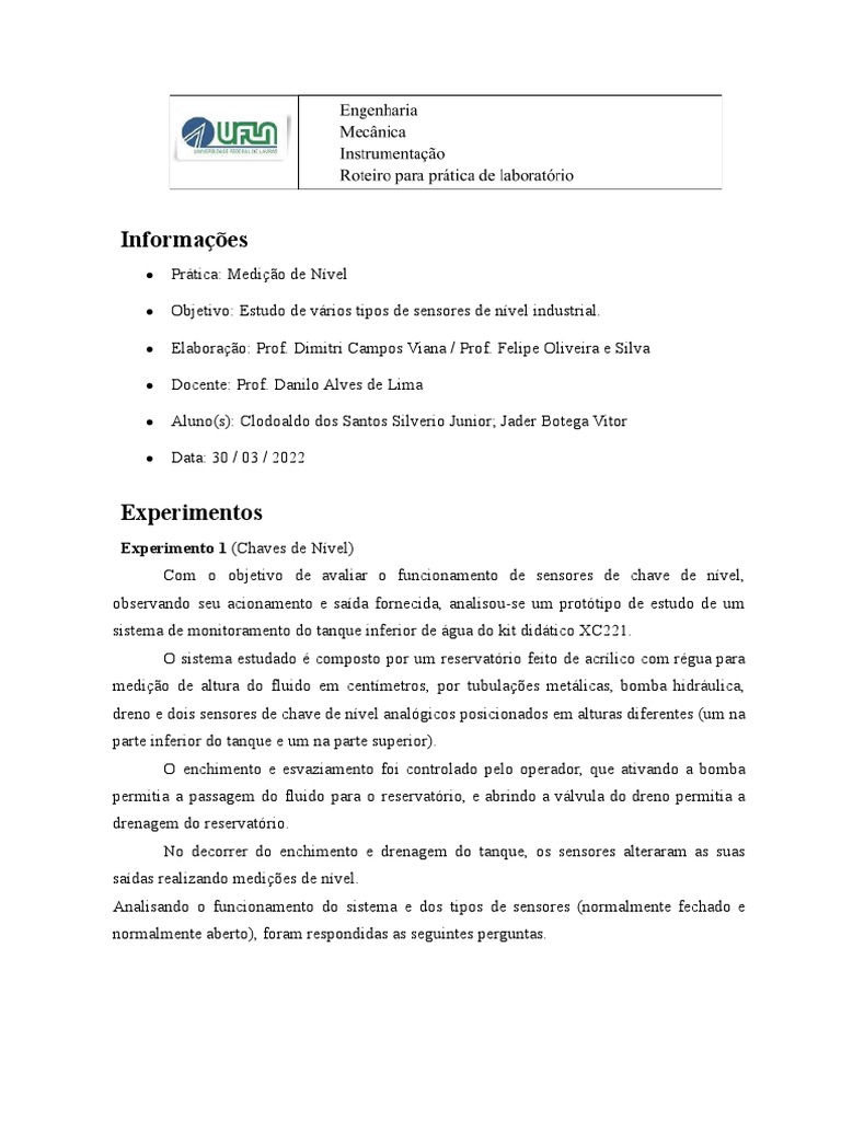 Prática 9 - Medição de Nível | PDF | Metrologia Prática 9 - Medição de Nível | PDF | Metrologia