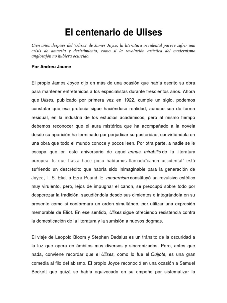 El Centenario de Ulises | PDF | James Joyce | Ulises (novela)