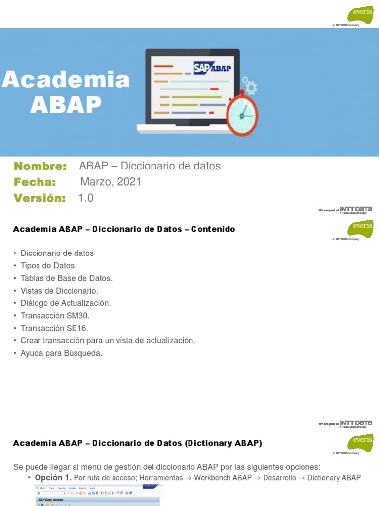 Presentación 1 - ABAP - Diccionario de Datos V00 2021 | PDF | Bases de datos | Diccionario