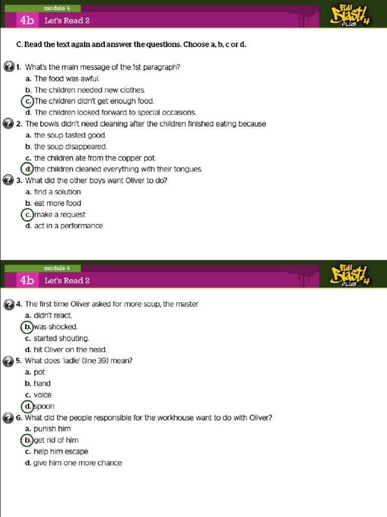Full Blast Plus 4 SB Let's Read 2 - Answers | PDF