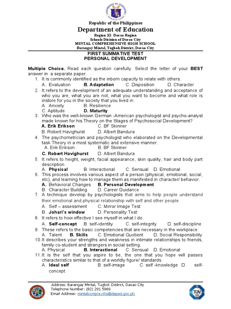 Personal Development Summative Test | PDF | Self Concept | Psychology