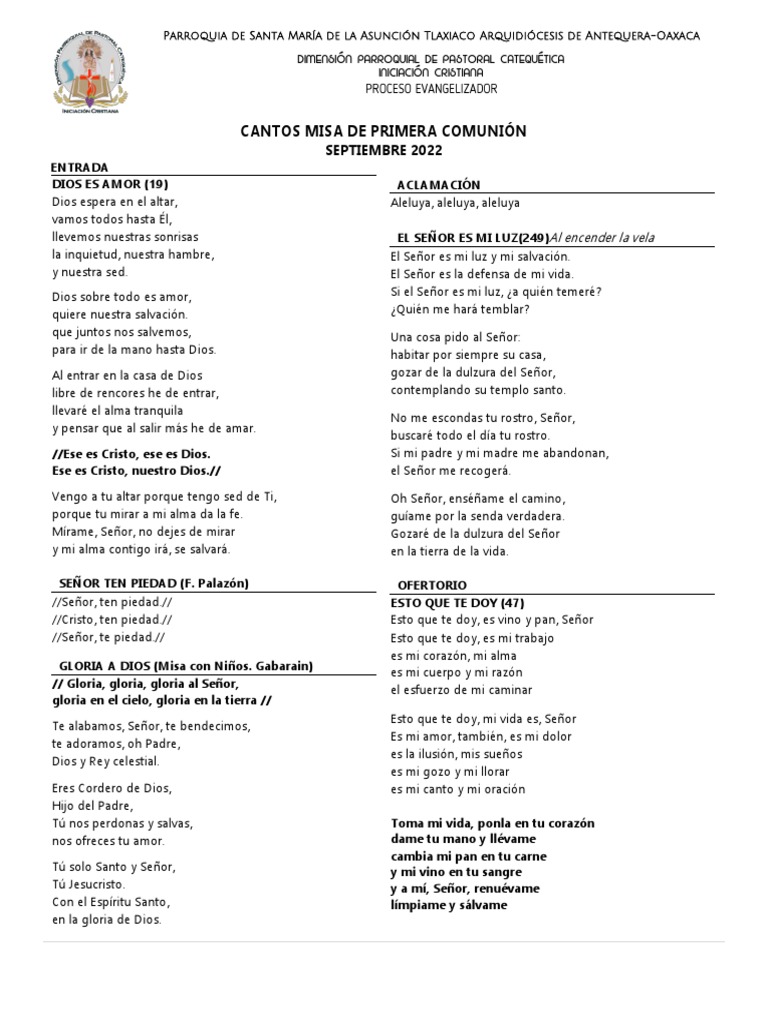 Cantos Misa de Primera Comunión | PDF | Misa (liturgia) | eucaristía