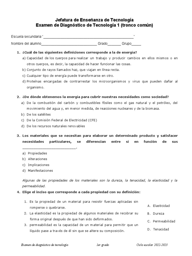 DIAGNÓSTICO DE TECNOLOGÍA 1er GRADO 2022-2023 | PDF | Energía renovable | Máquinas