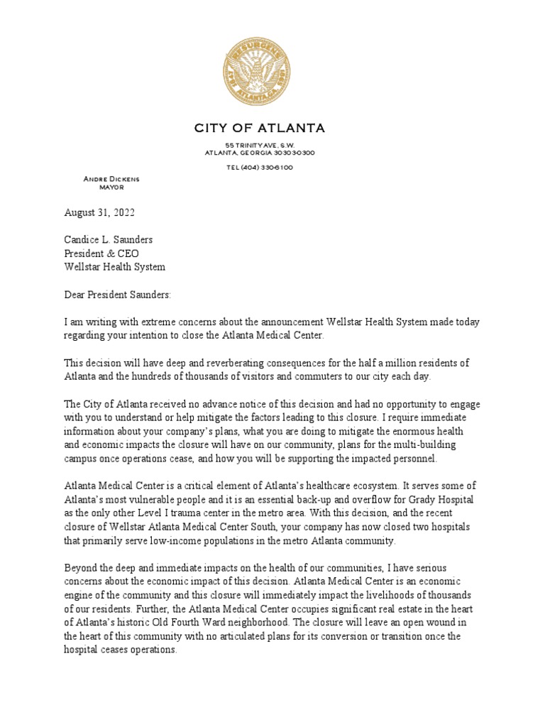 Letter From Mayor Andre Dickens To Wellstar Health System CEO | PDF ...