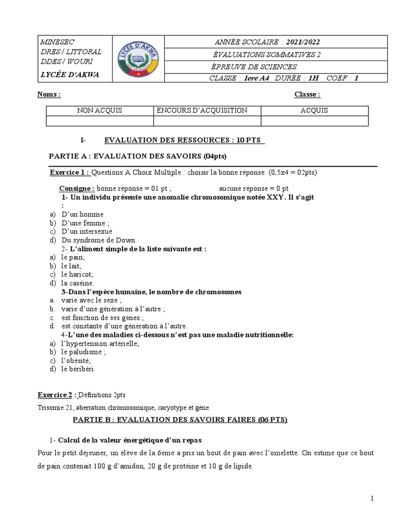 1ere A4 Sequence 2 Sciences | PDF | Chromosome | Maladies et troubles