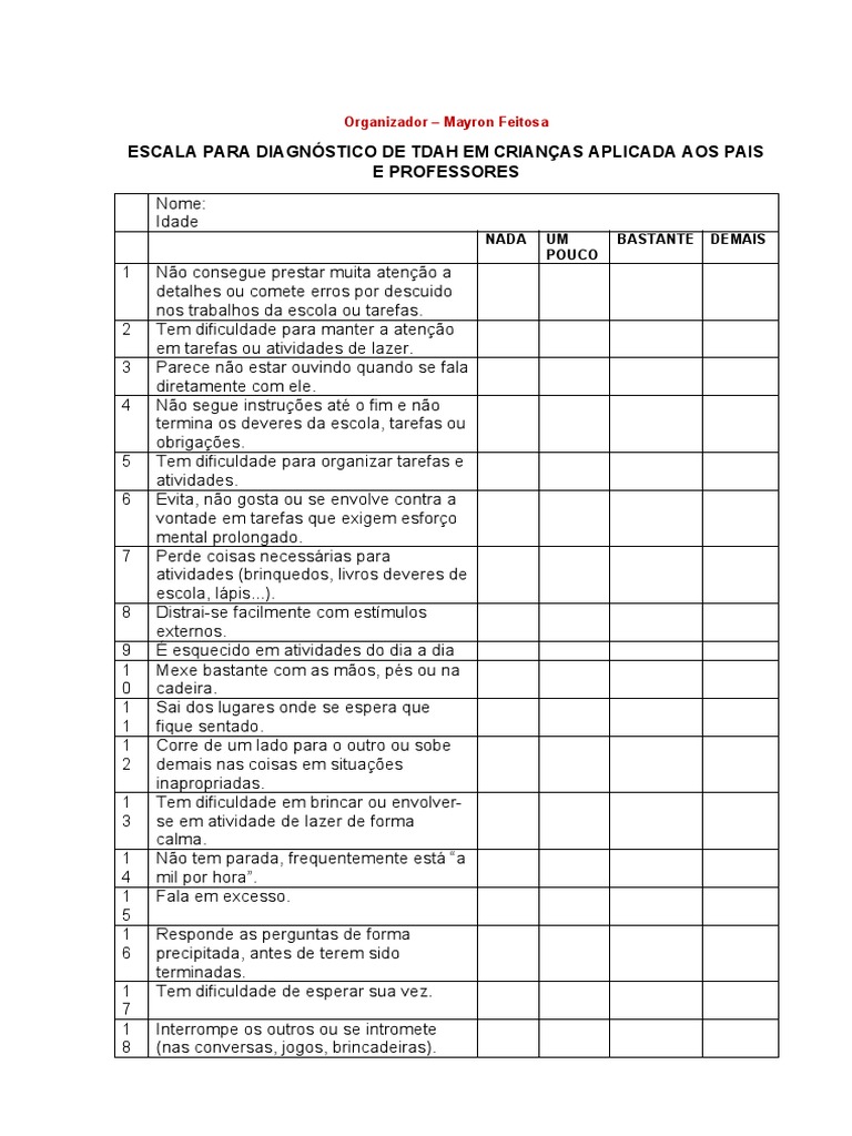 4 Escala para Diagnostico de Tdah em Criancas Aplica Aos Pais e ...