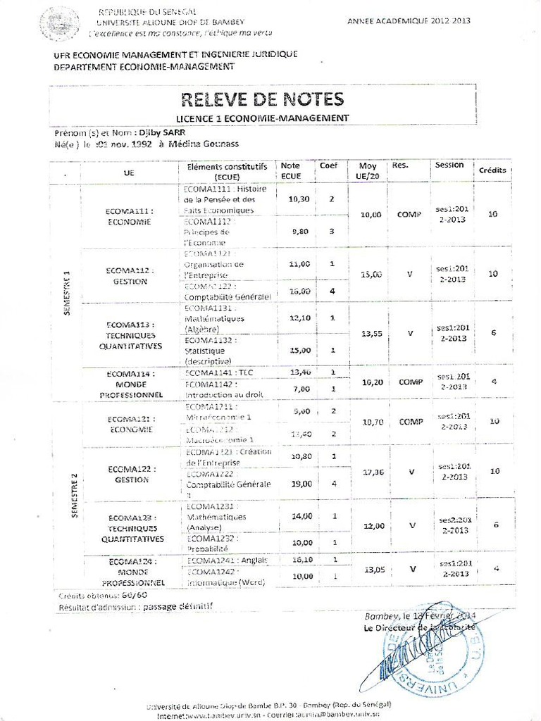 Relevé de Note Licence1 | PDF