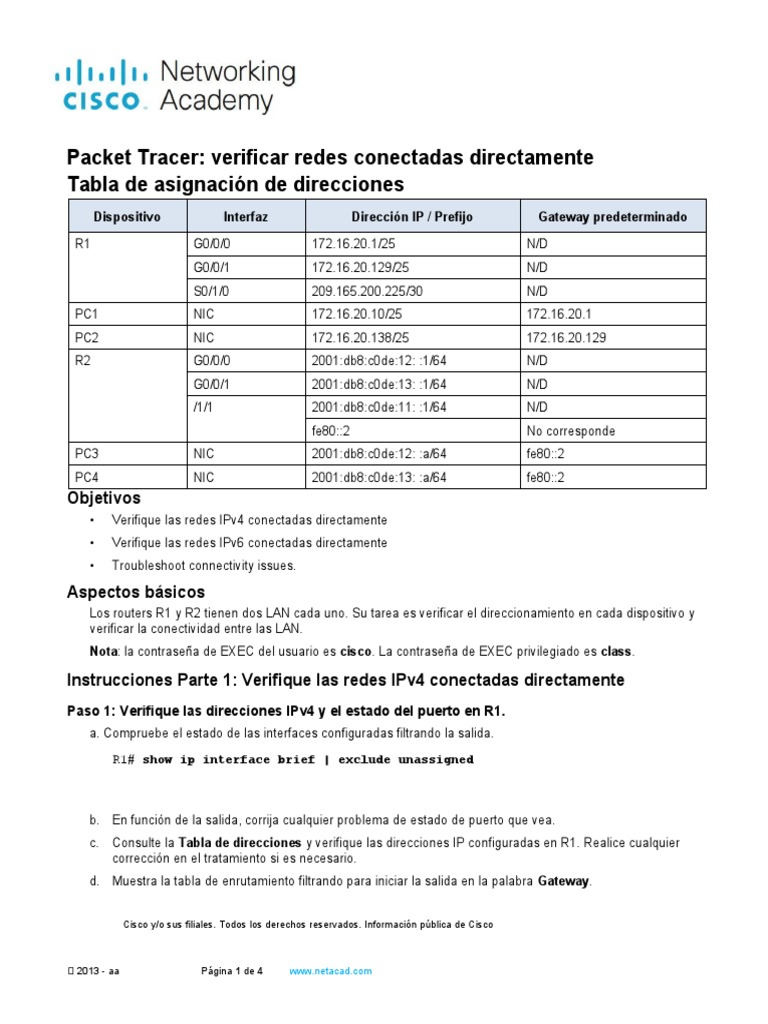 1.5.10 Packet Tracer - Verify Directly Connected Networks - Es XL | PDF | Yo Pv6 | Dirección IP