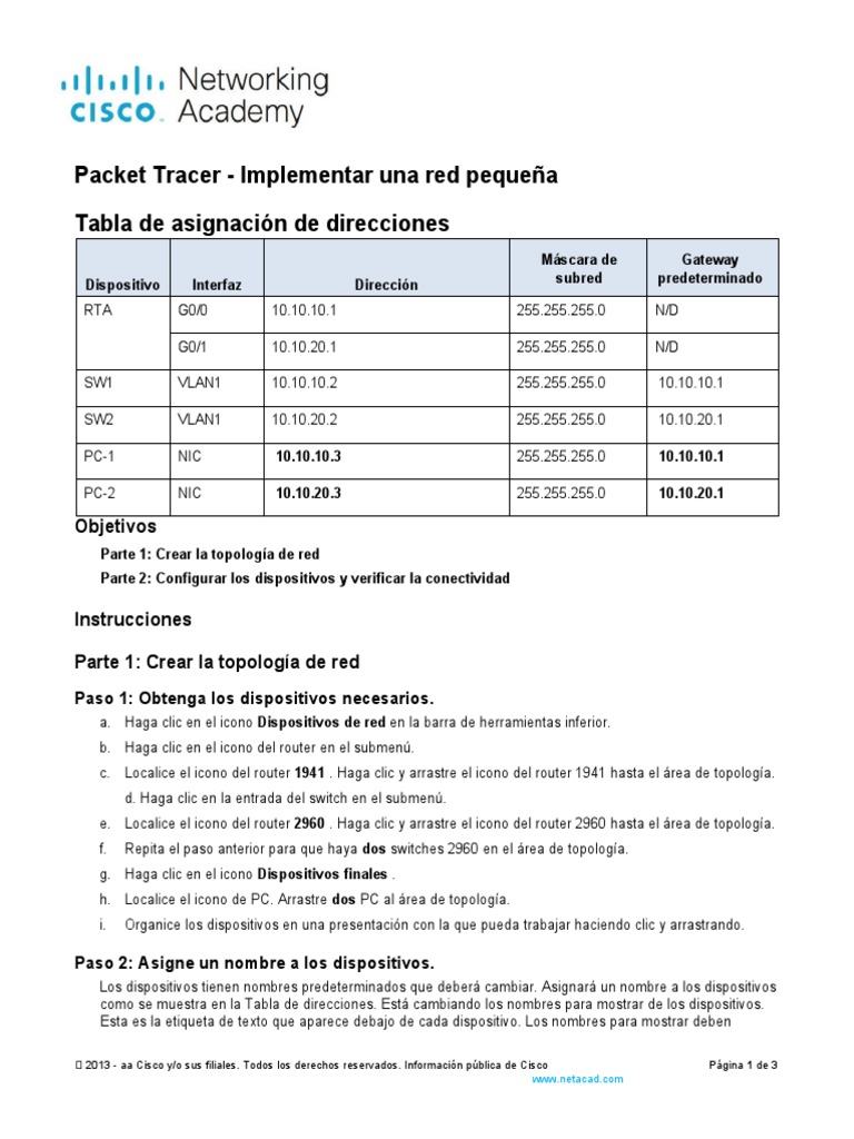 1 6 1 Packet Tracer Implement A Small Network Es Xl Pdf Enrutador Computación Redes