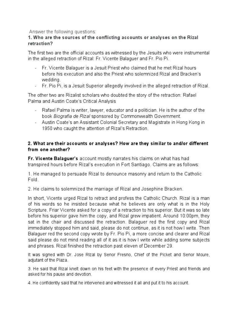 An Analysis of Conflicting Accounts Regarding Dr. Jose Rizal's Alleged Retraction Before His ...