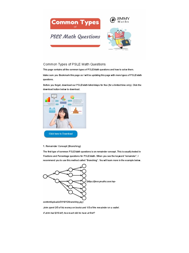 Common Types Of PSLE Math Questions PDF Odds Arithmetic
