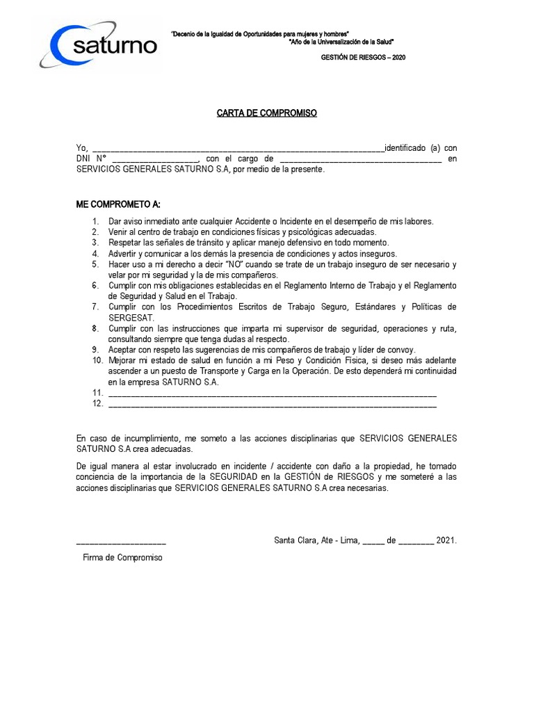 Carta de Compromiso Seguridad | PDF