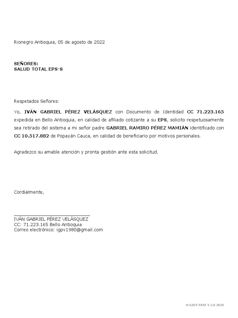 Carta Retiro Eps Salud Total | PDF