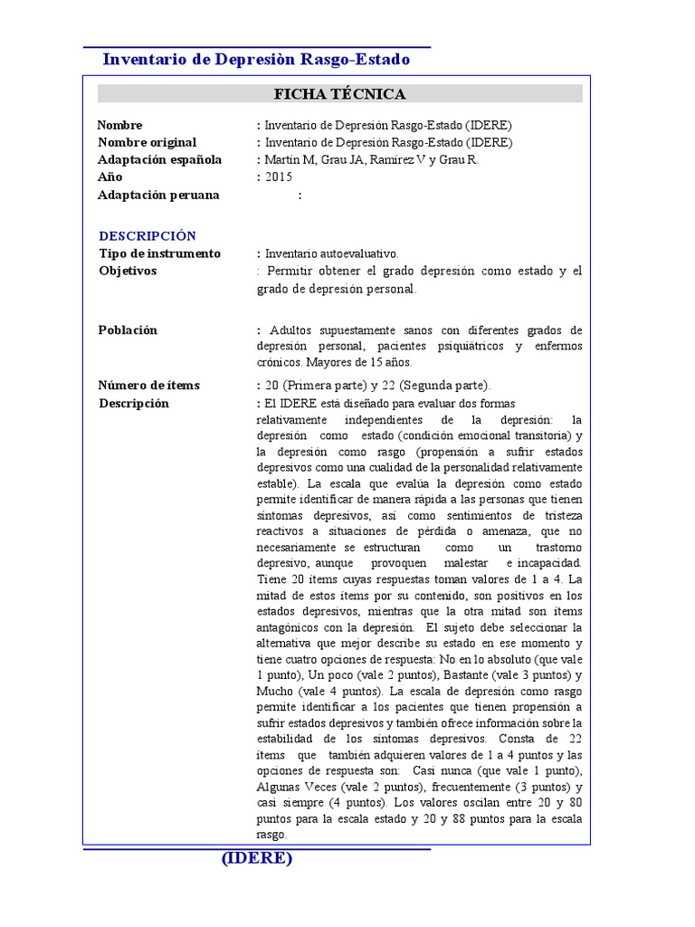Test Depresion IDERE FICHA TECNICA | PDF | Depresión (estado de ánimo ...