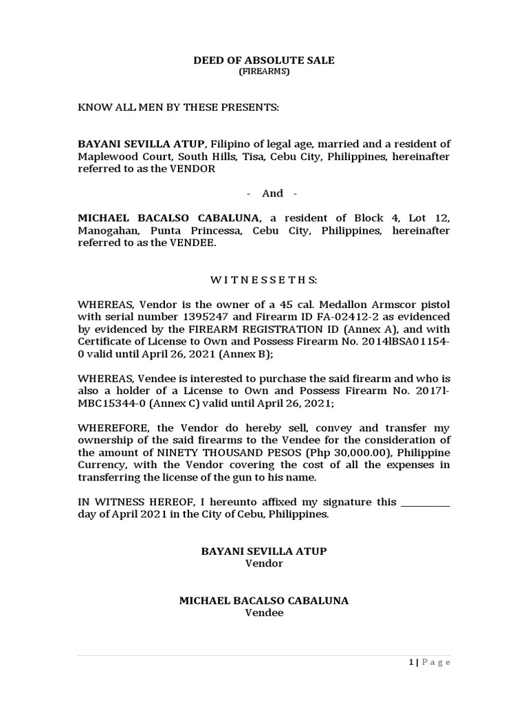 Deed of Absolute Sale of Firearms | PDF | Deed | Property Law