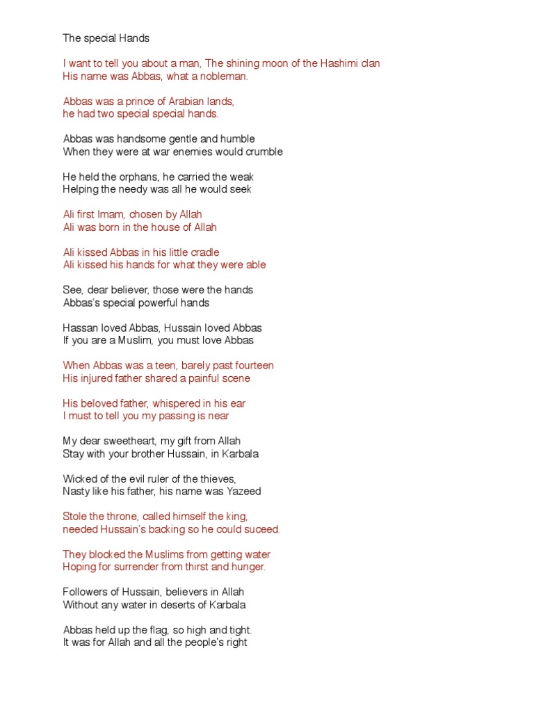 Special Hands-Poem For H Abbas | PDF | Husayn Ibn Ali