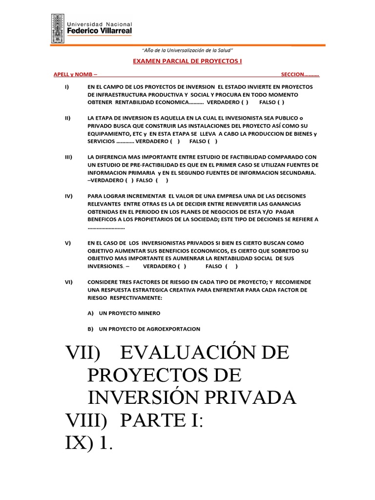 Unfv Proy Examen Parcial Proyectos I (E) 2022-1 | PDF | Inversiones | Business