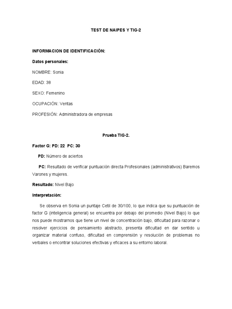 Informe 4 Test Naipes y Tig-2 | PDF | Inteligencia | Las emociones
