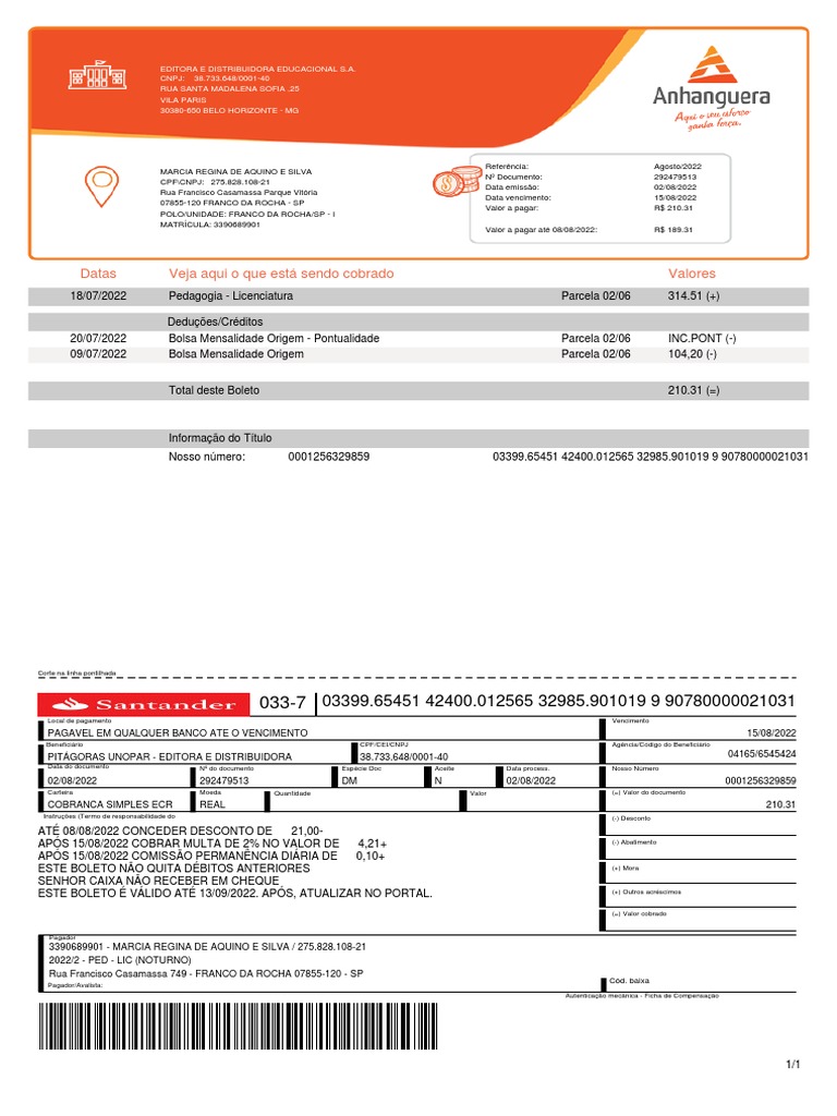 Boleto Agosto Faculdade | PDF | Tecnologia financeira | Finanças e ...