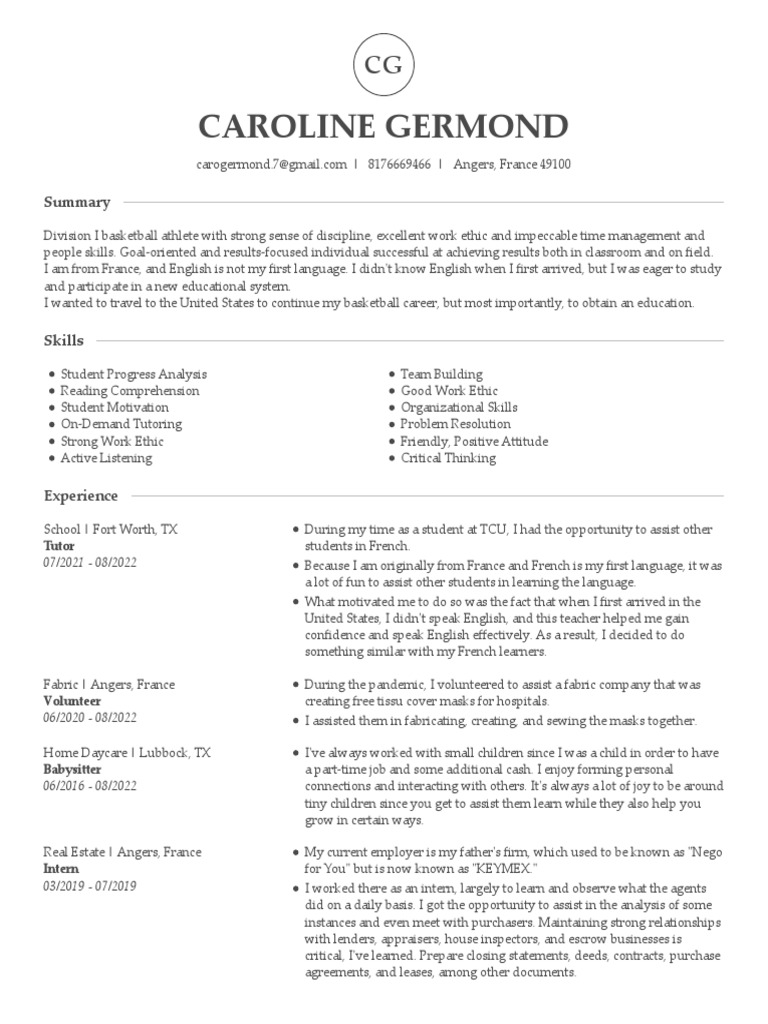 Caroline Germond Resume | PDF | Learning | Cognition