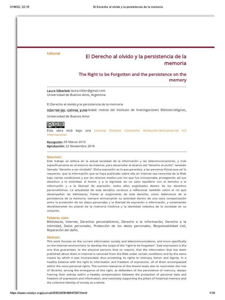 El Derecho Al Olvido Y La Persistencia De La Memoria Pdf Internet