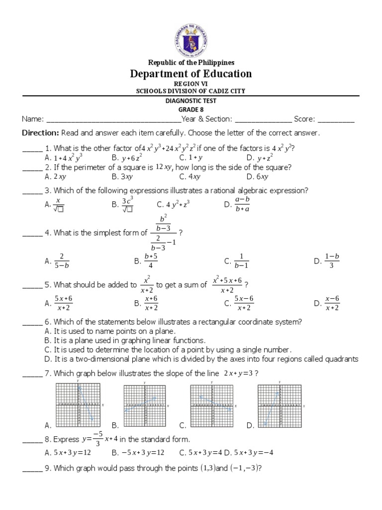 Diagnostic Test-Grade 8 | PDF | Mathematics | Geometry Diagnostic Test-Grade 8 | PDF | Mathematics | Geometry