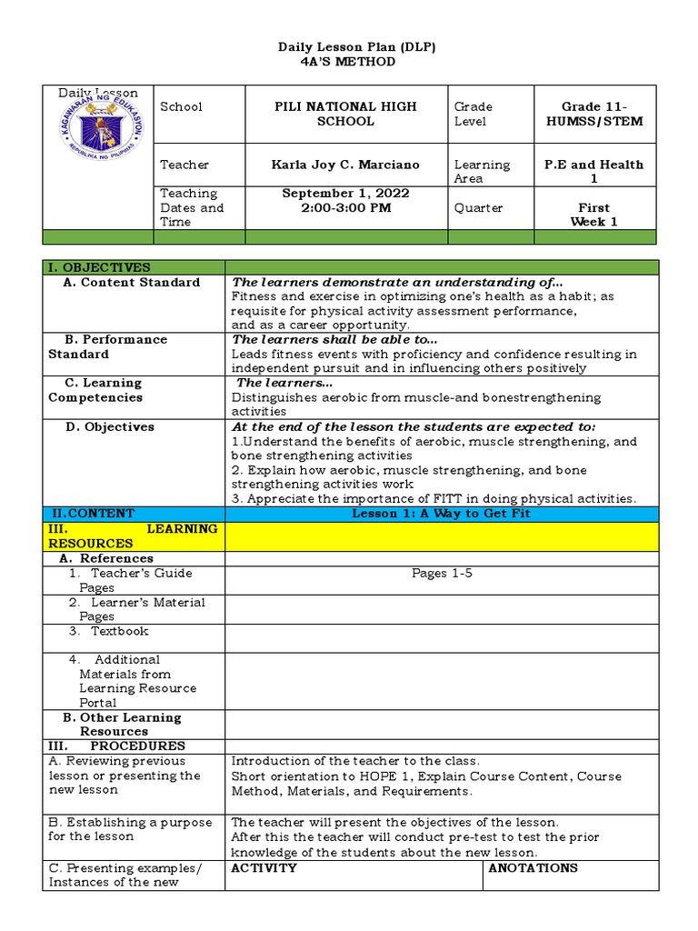 Hope 1 Lesson 1 Week 1 | PDF | Physical Fitness | Skeletal Muscle