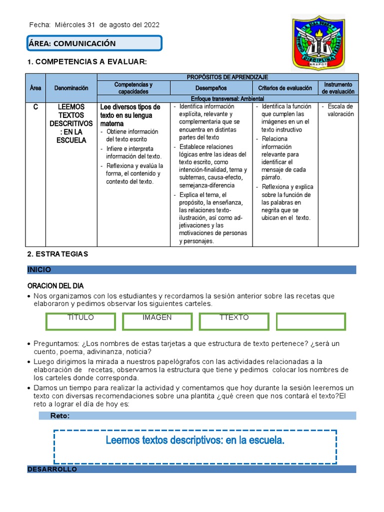 Sesion De Aprendizaje Pdf Evaluación Información