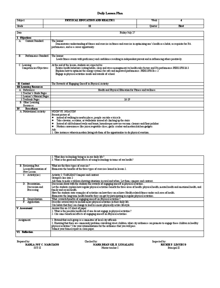 Grade 11 PE Lesson Plan: Physical Activity Benefits | PDF | Physical ...