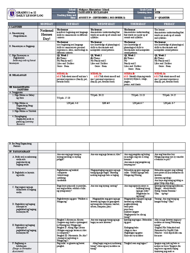 DLL - MTB 1 - Q1 - W2 | PDF | Linguistics | Cognition