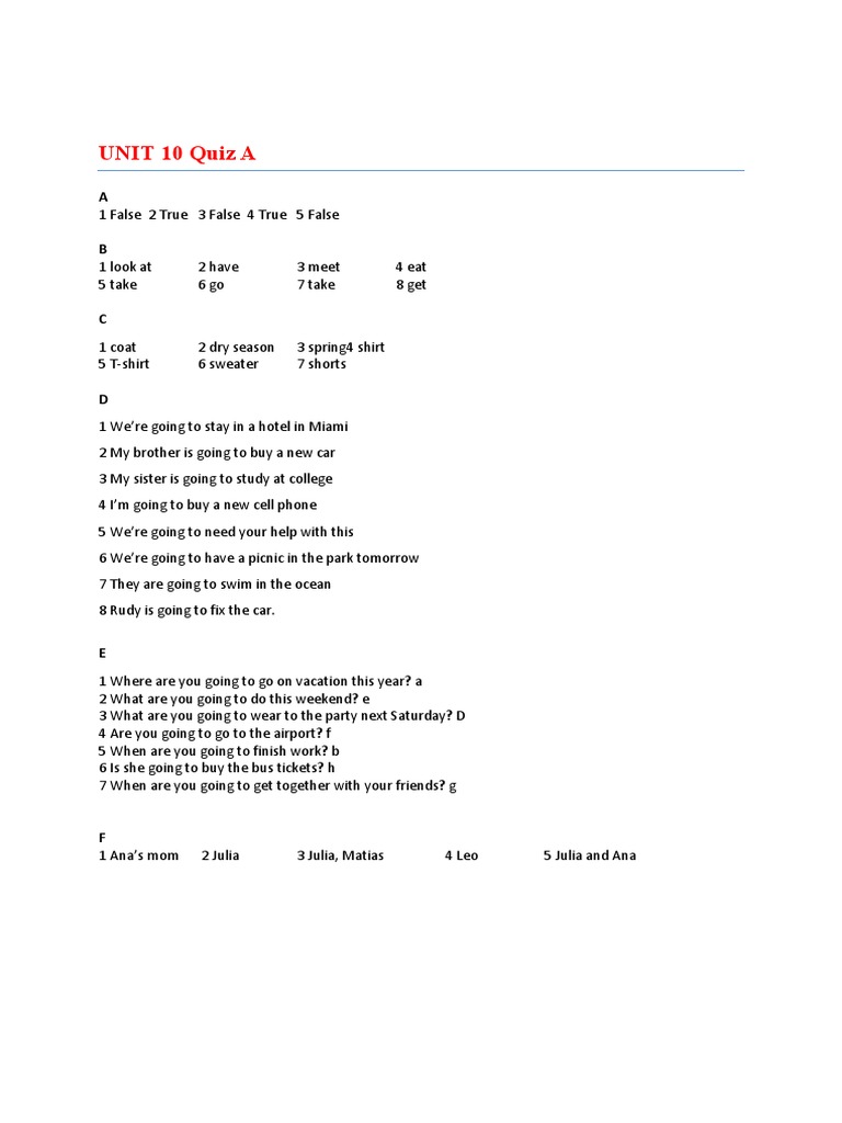 Evolve - L1 - Unit 10 - Quiz - A - AnswerKey | PDF | Games & Activities