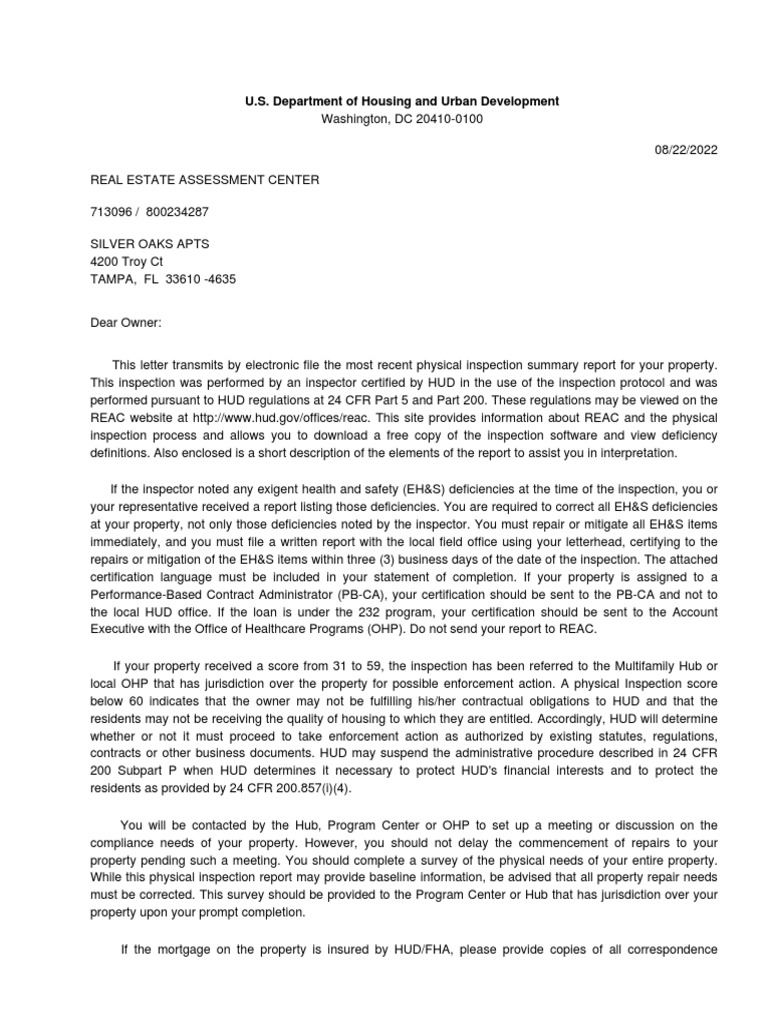 HUD Inspection Report for Owners | PDF | United States Department Of ...