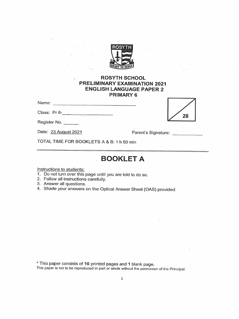 P6 English Prelim 2021 Rosyth Exam Papers Pdf
