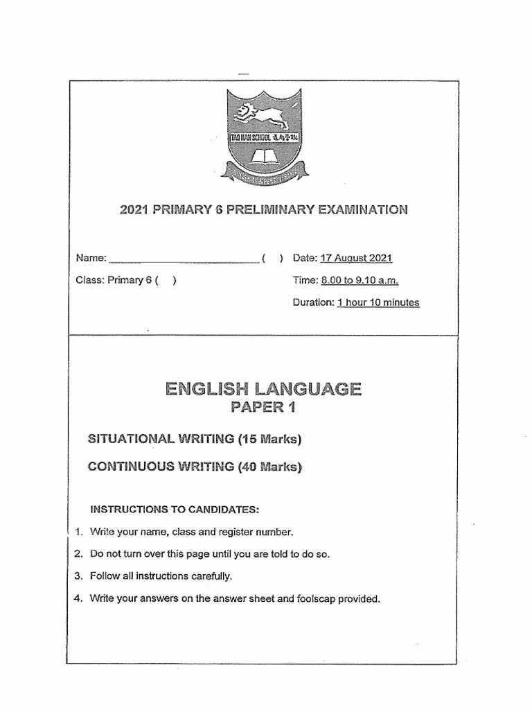 P6 English Prelim 2021 TaoNan Exam Papers | PDF