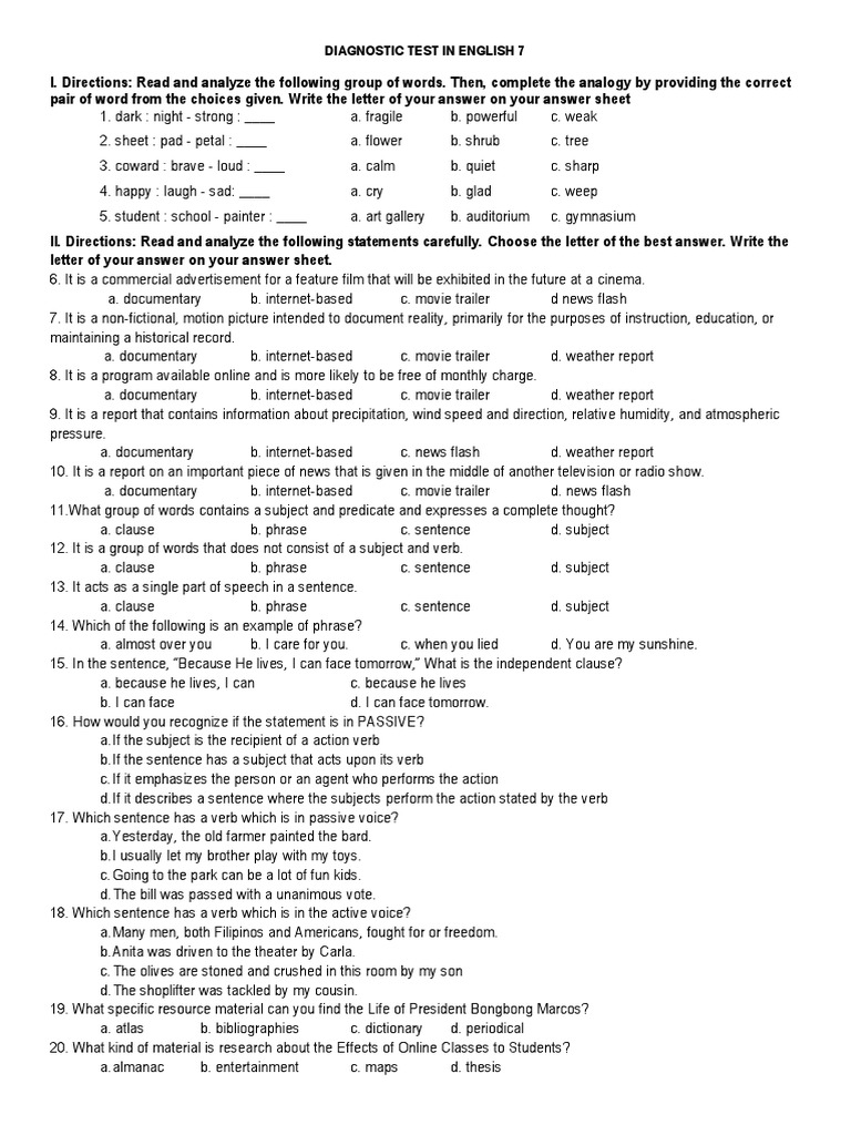 Diagnostic Test English 7 | PDF | Sentence (Linguistics) | Subject ...