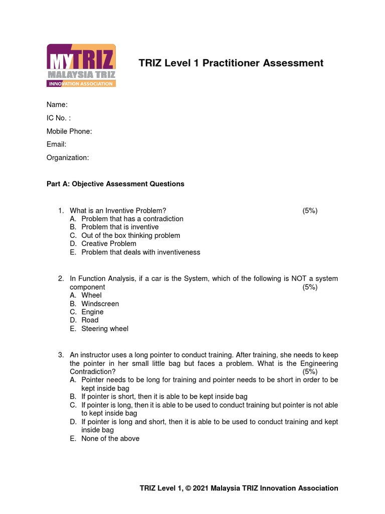 TRIZ Level 1 Practitioner Assessment | PDF | Cognitive Science | Science