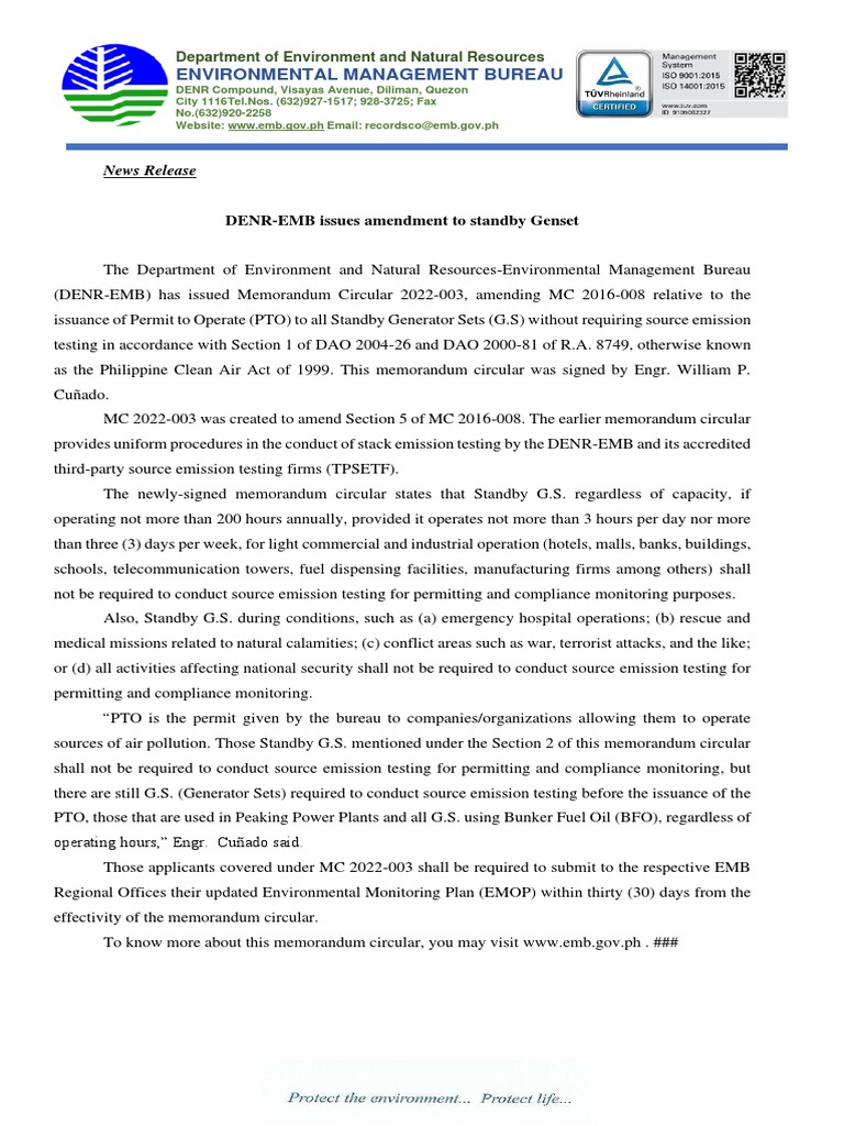 Denr Emb Issues Amendment To Standby Genset | PDF | Air Pollution ...