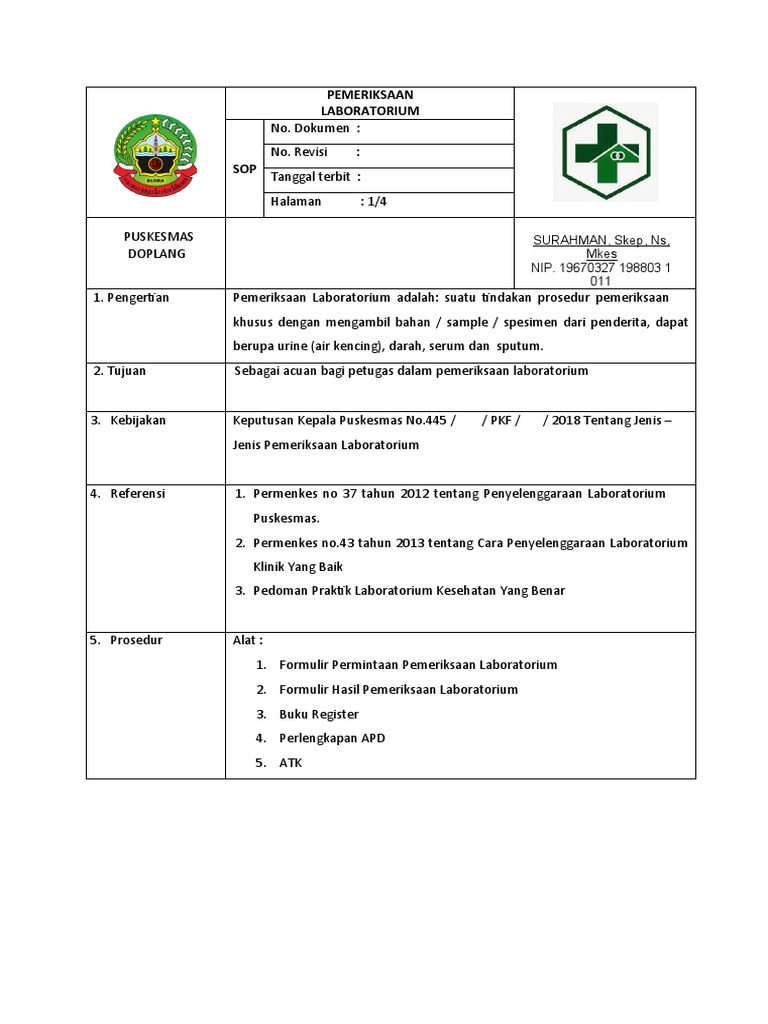 Pemeriksaan Laboratorium: SURAHMAN, Skep, NS, Mkes NIP. 19670327 198803 ...