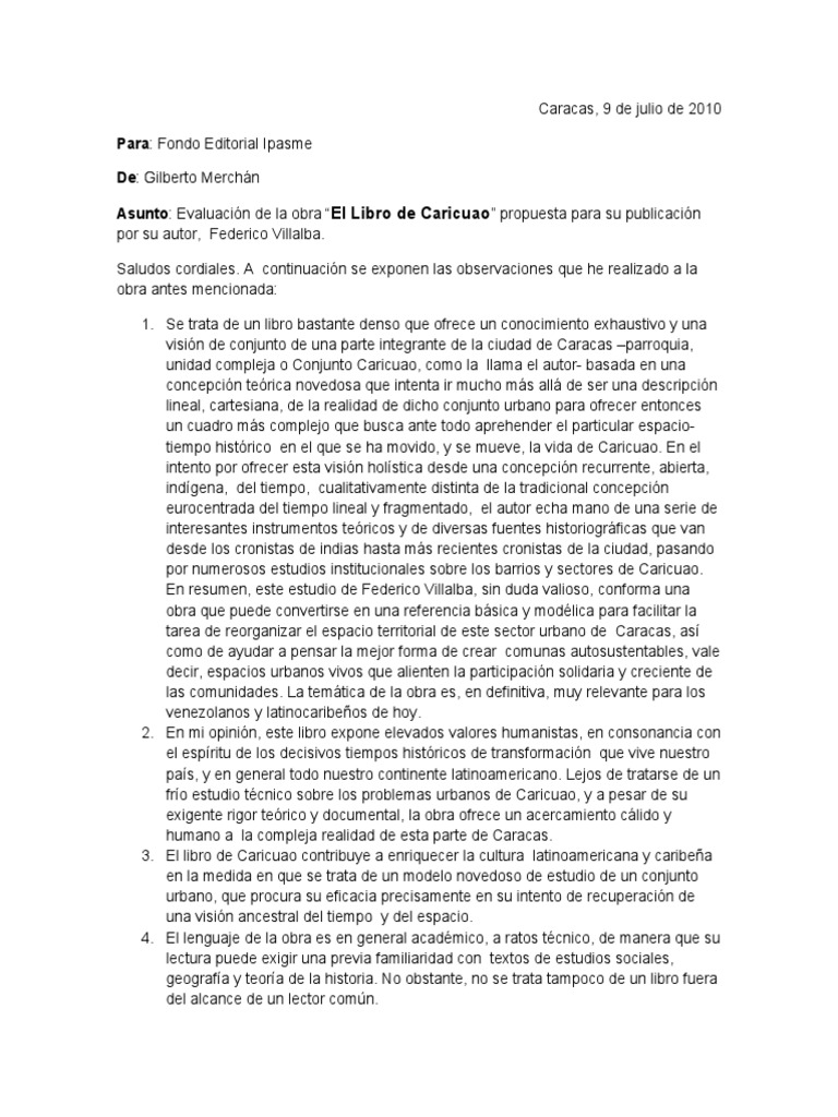 Evaluación del libro "El Libro de Caricuao" | PDF | America latina