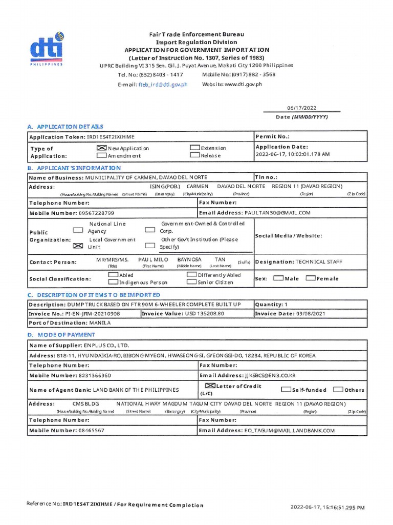 IRD1ES4T2IXIHME-DTI Application and Undertaking Dump Truck ...